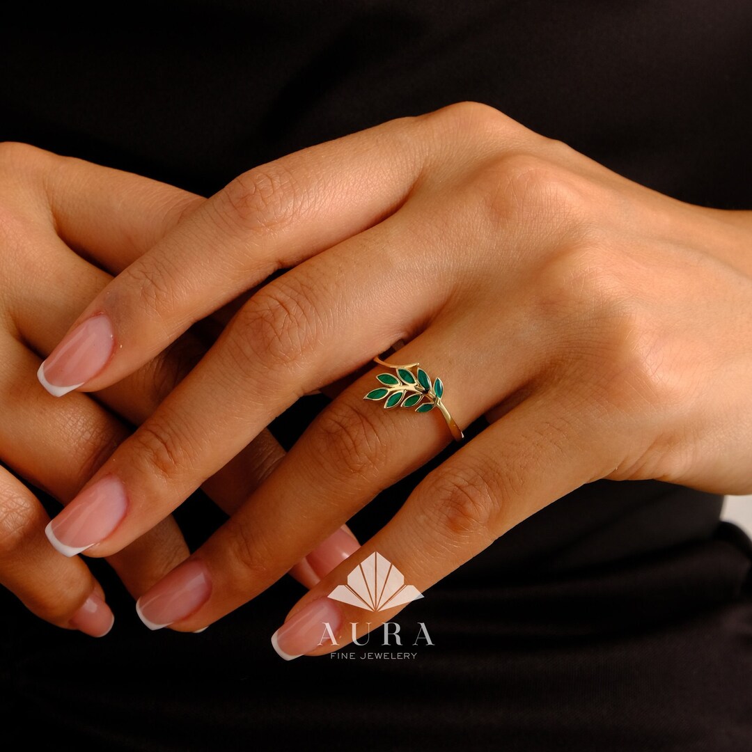 14K Gold Leaf Ring, Green Leaf Branch Ring, Stacking Gold Band, Vine ...