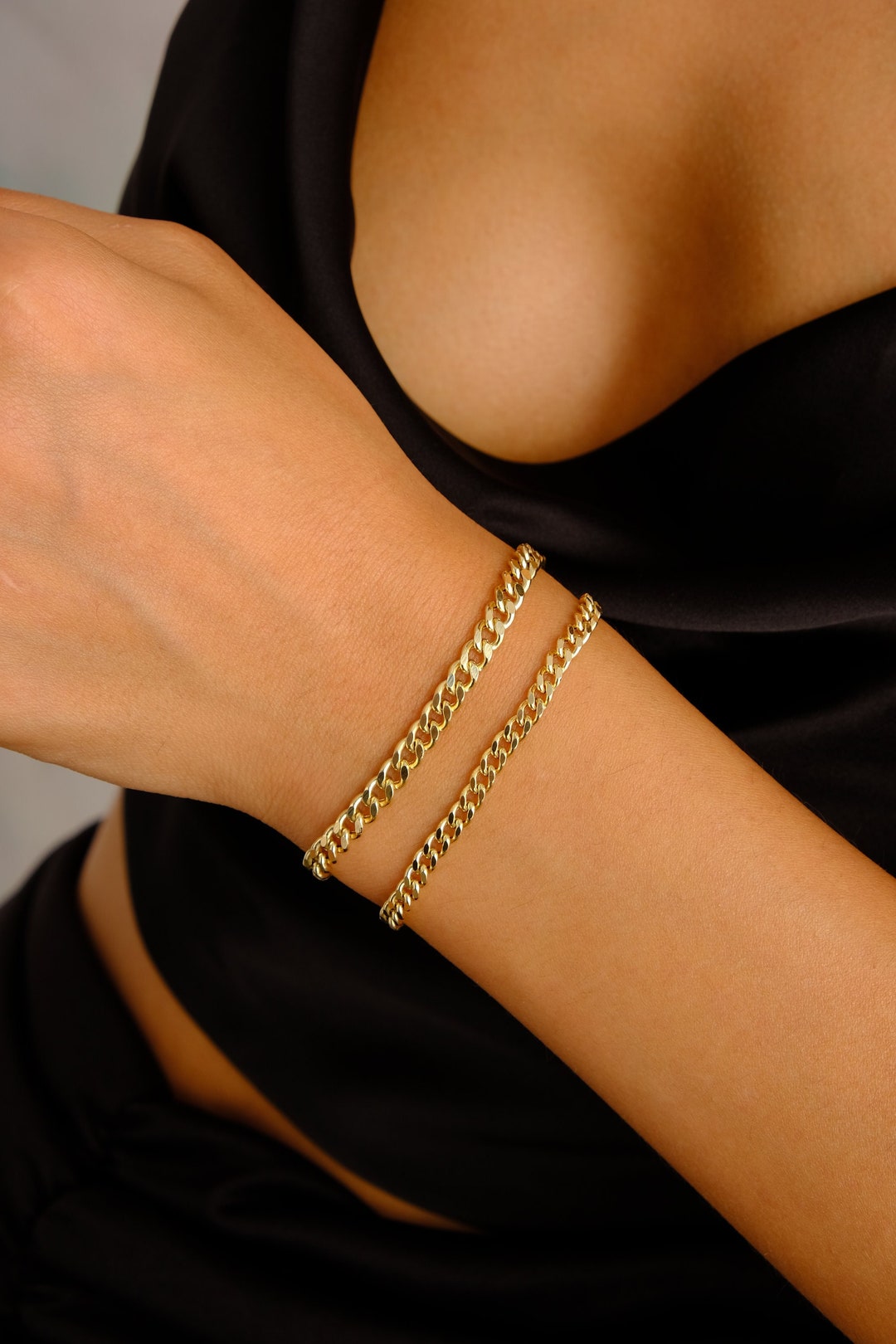 14K Gold Cuban Link Bracelet, Cuban Link Chain Bracelet, 3mm 5mm Curb Link Bracelet, Stacking ...