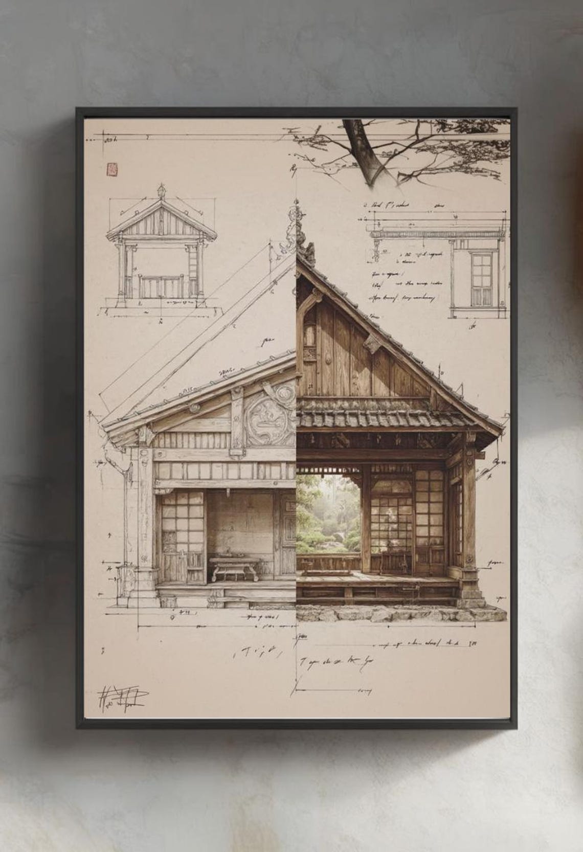 Kyoto Machiya Blueprint Print – Wabi Sabi Japanese Architecture Poster ...