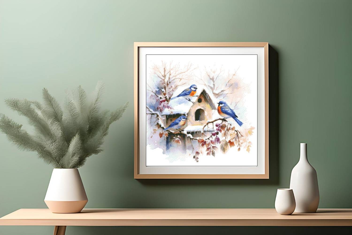 Watercolor Bird Cross Stitch Pattern,birdhouse With Birds in Snow ...