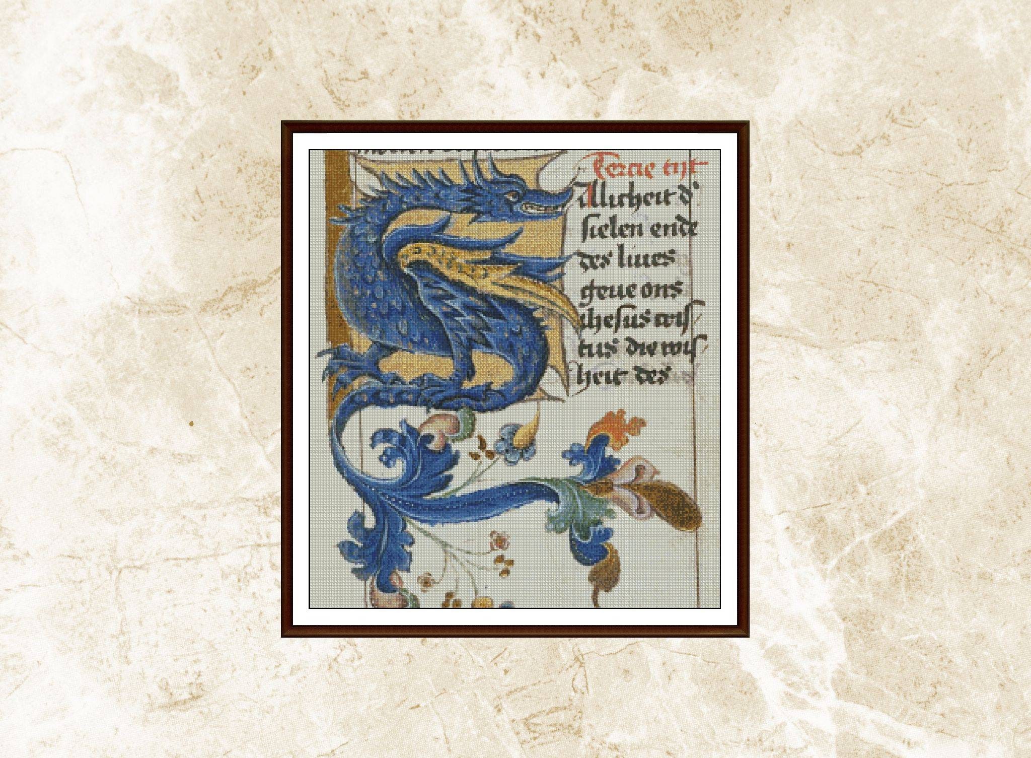 Cross Stitch Pattern,medieval Illuminated Manuscripts Blue Dragon ...