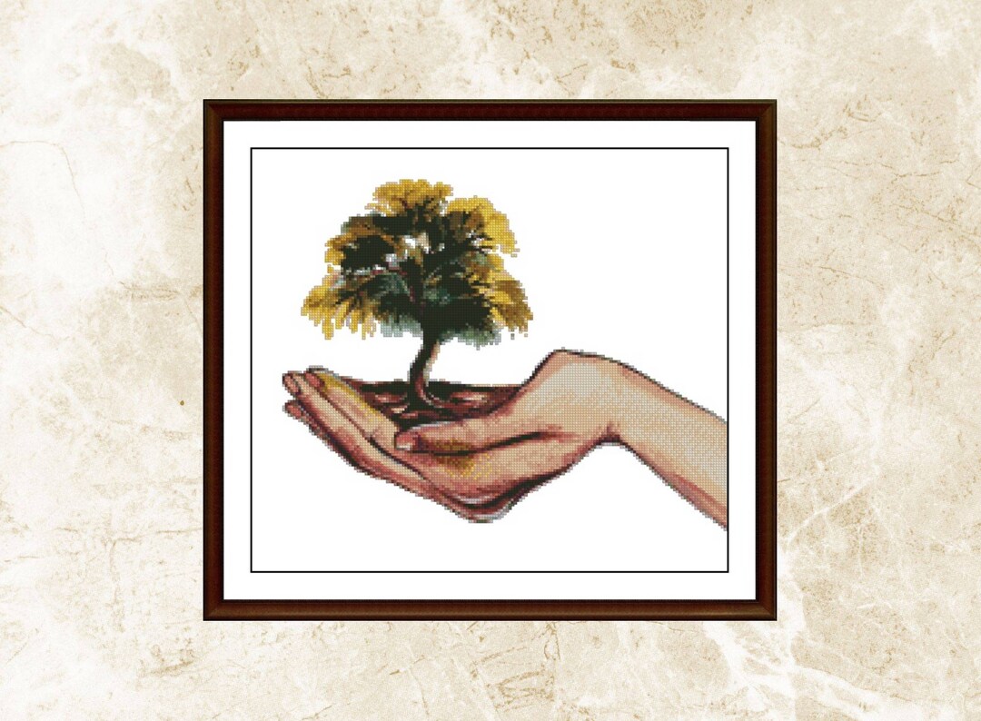 Watercolor Tree in Hands Cross Stitch Pattern, ,landscape ,hand ...