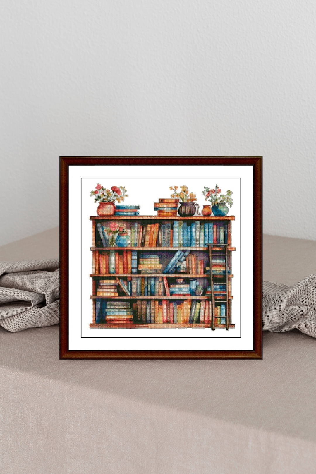 Bookcase Cross Stitch Pattern,books and Flowers in Pots,counted Cross ...