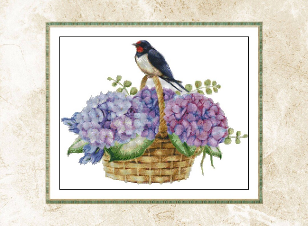 Hydrangeas and Swallow Cross Stitch Pattern,hortensia Flowers ...