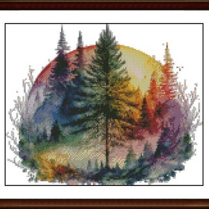Watercolor Forest Cross Stitch Pattern: Rainbow Tree Landscape (PDF ...