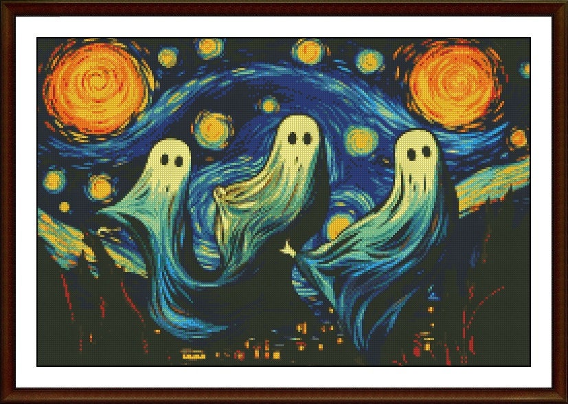 Halloween Starry Night Cross Stitch Pattern: Spooky Van Gogh Style (PDF ...