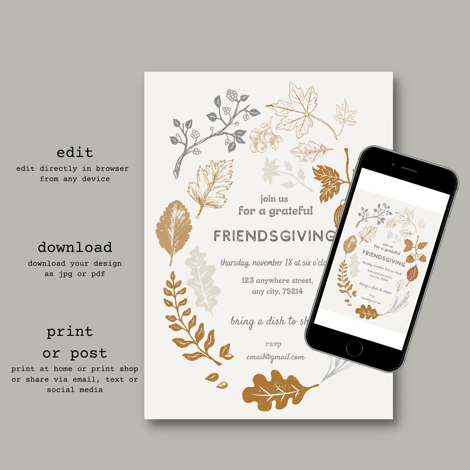 Editable Digital Fall Friendsgiving Dinner Invitation, Friendsgiving ...