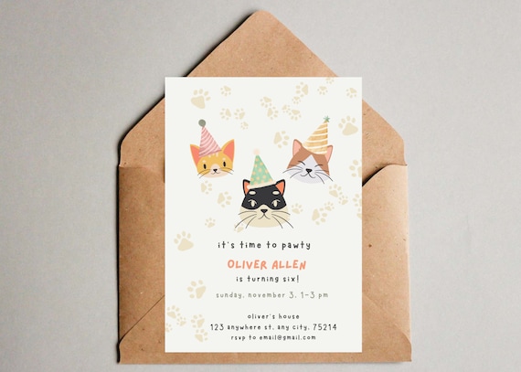 Editable Digital It's Time to Pawty Kitty Cat Birthday - Etsy