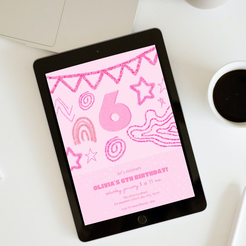 Editable Pink 6th Birthday Invitation Template Glitter Birthday Party ...