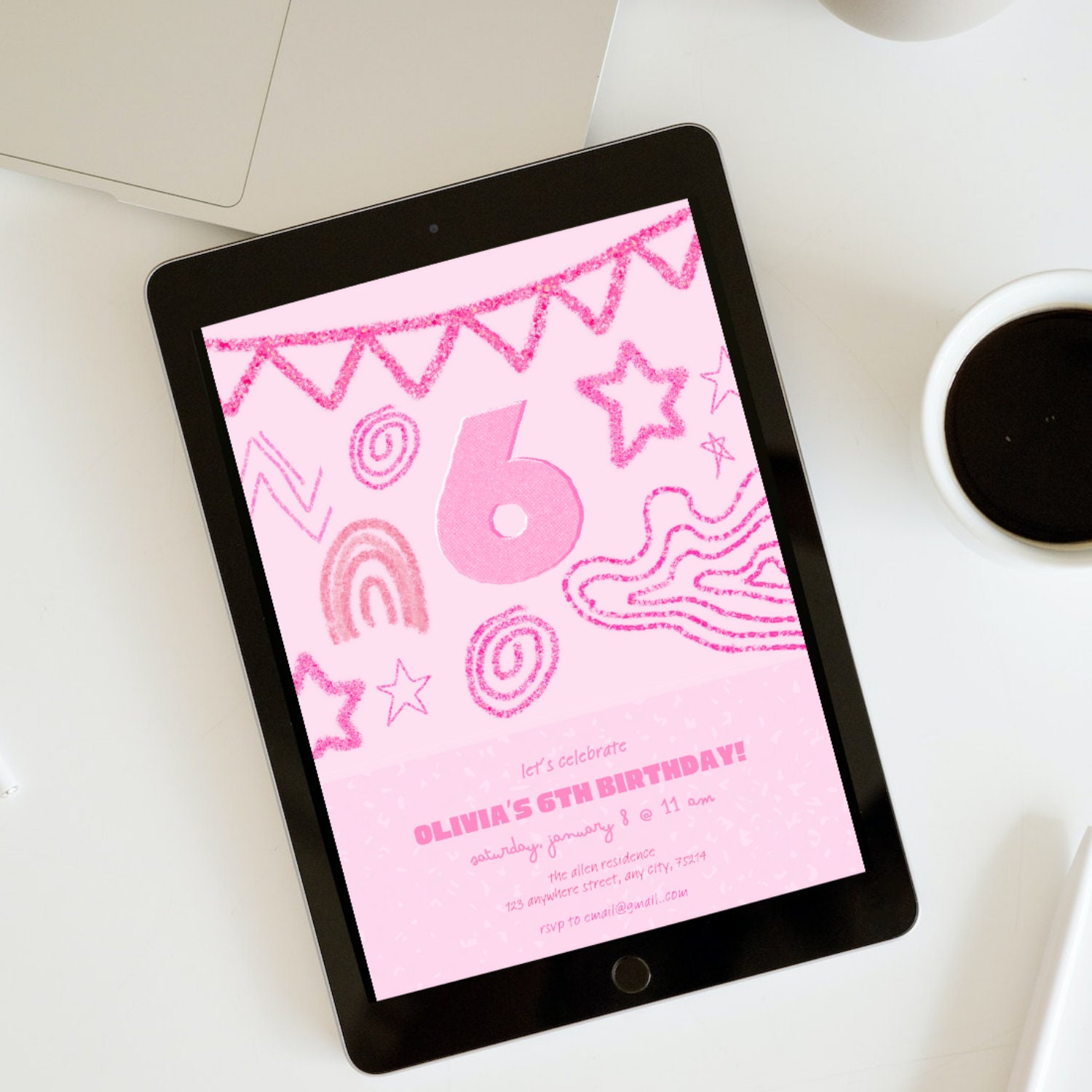 Editable Pink 6th Birthday Invitation Template Glitter Birthday Party ...