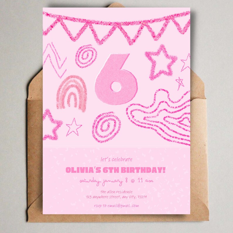Editable Pink 6th Birthday Invitation Template Glitter Birthday Party ...
