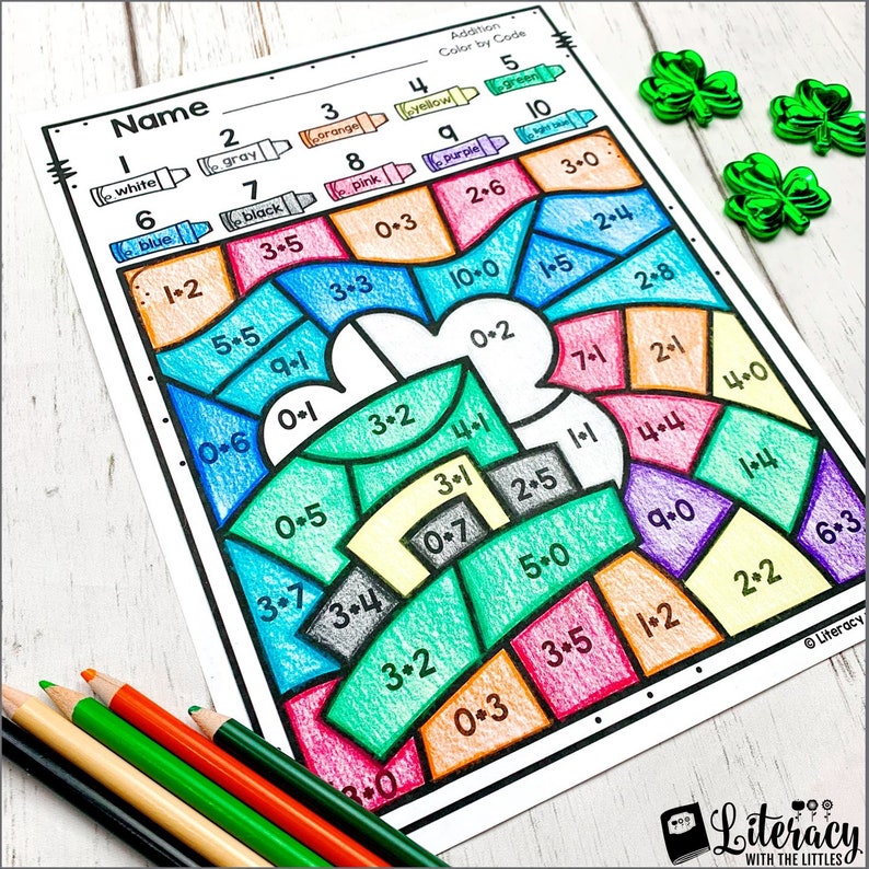 St. Patrick's Day Color by Code Printables March Addition Activities No ...