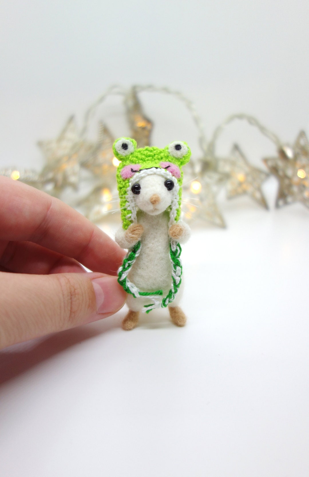 Charlie the Mouse, Miniature Needle Felted White Mouse in a Frog Hat ...
