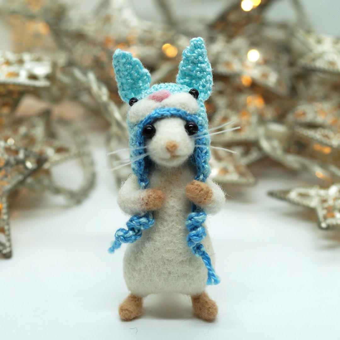 Timmy the Mouse, Miniature Needle Felted White Mouse in a Rabbit Hat ...