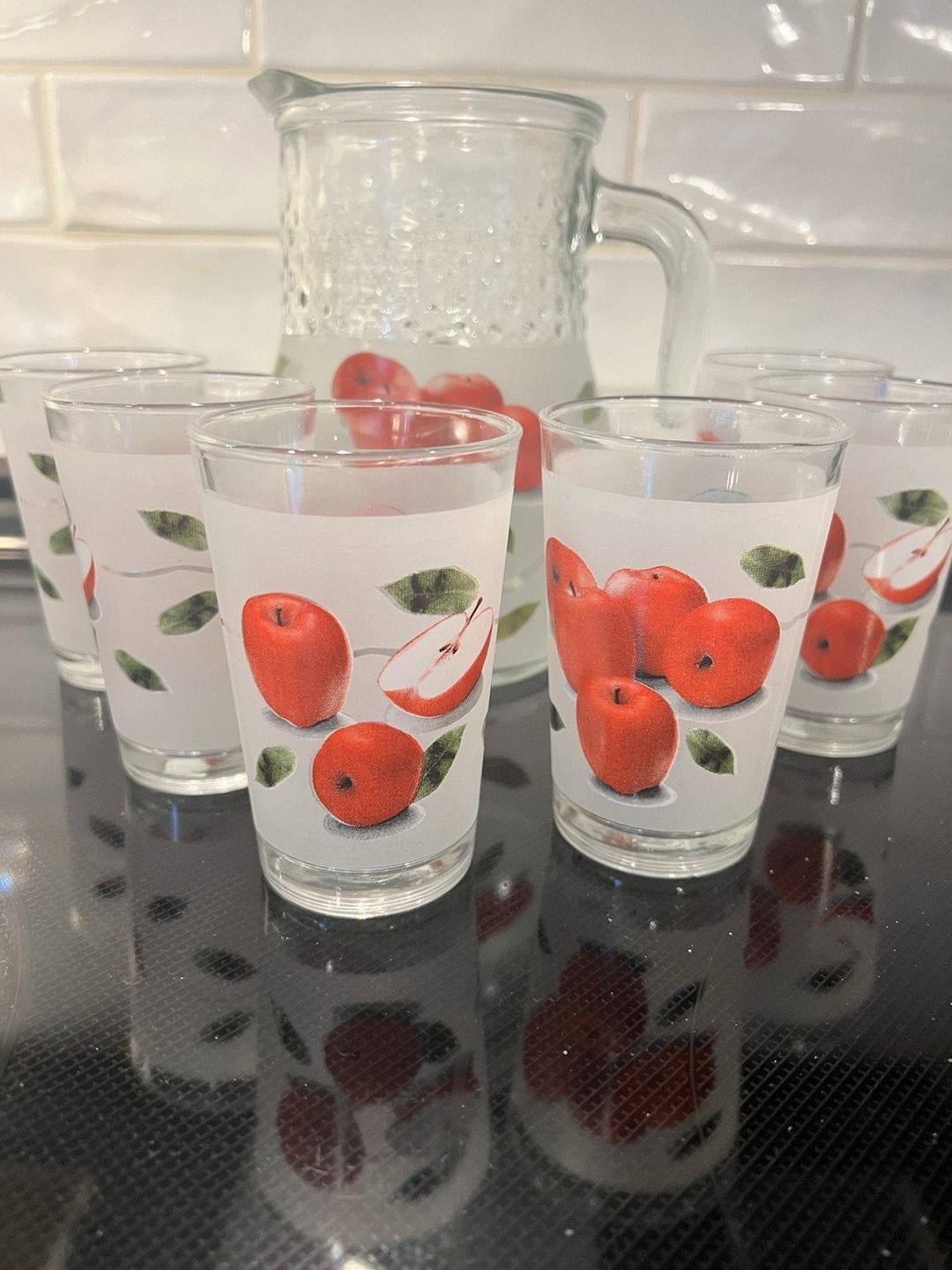 Vintage Apple Juice Pitcher and 6 Glasses Tumblers Frosted - Etsy