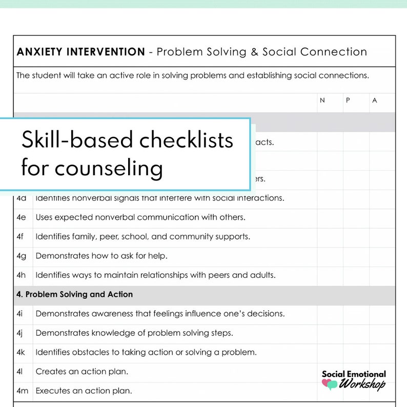 Anxiety School Counseling Map and Skills Checklists - Individual ...
