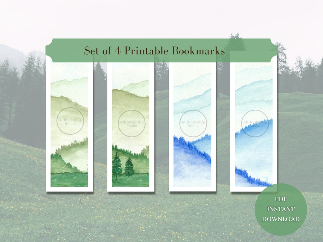 Set of 4 Landscape Watercolor Bookmark Printable, Mountain Landscape ...