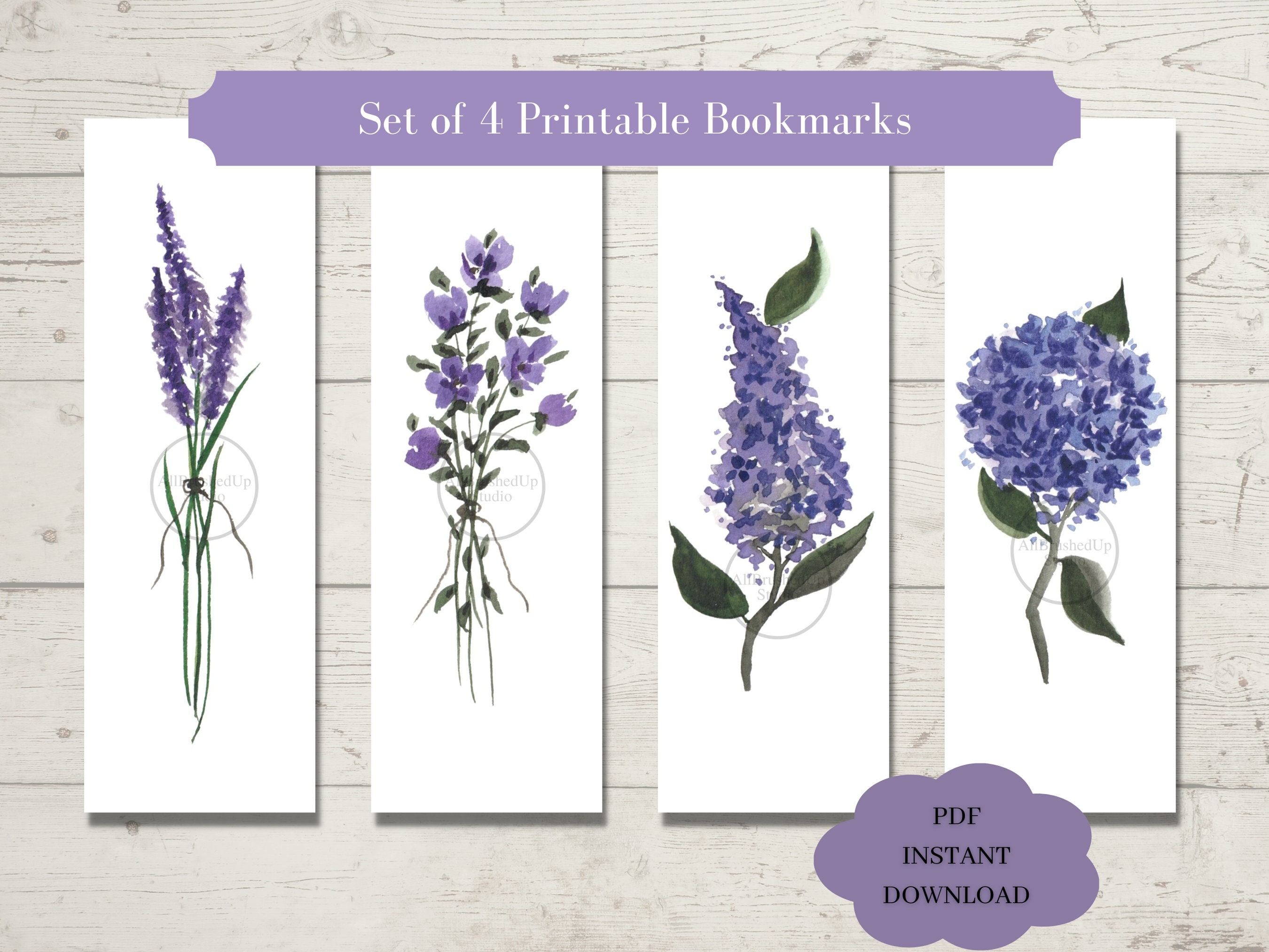 Set of Violet Flowers Watercolor Bookmarks Printable, Instant Download ...