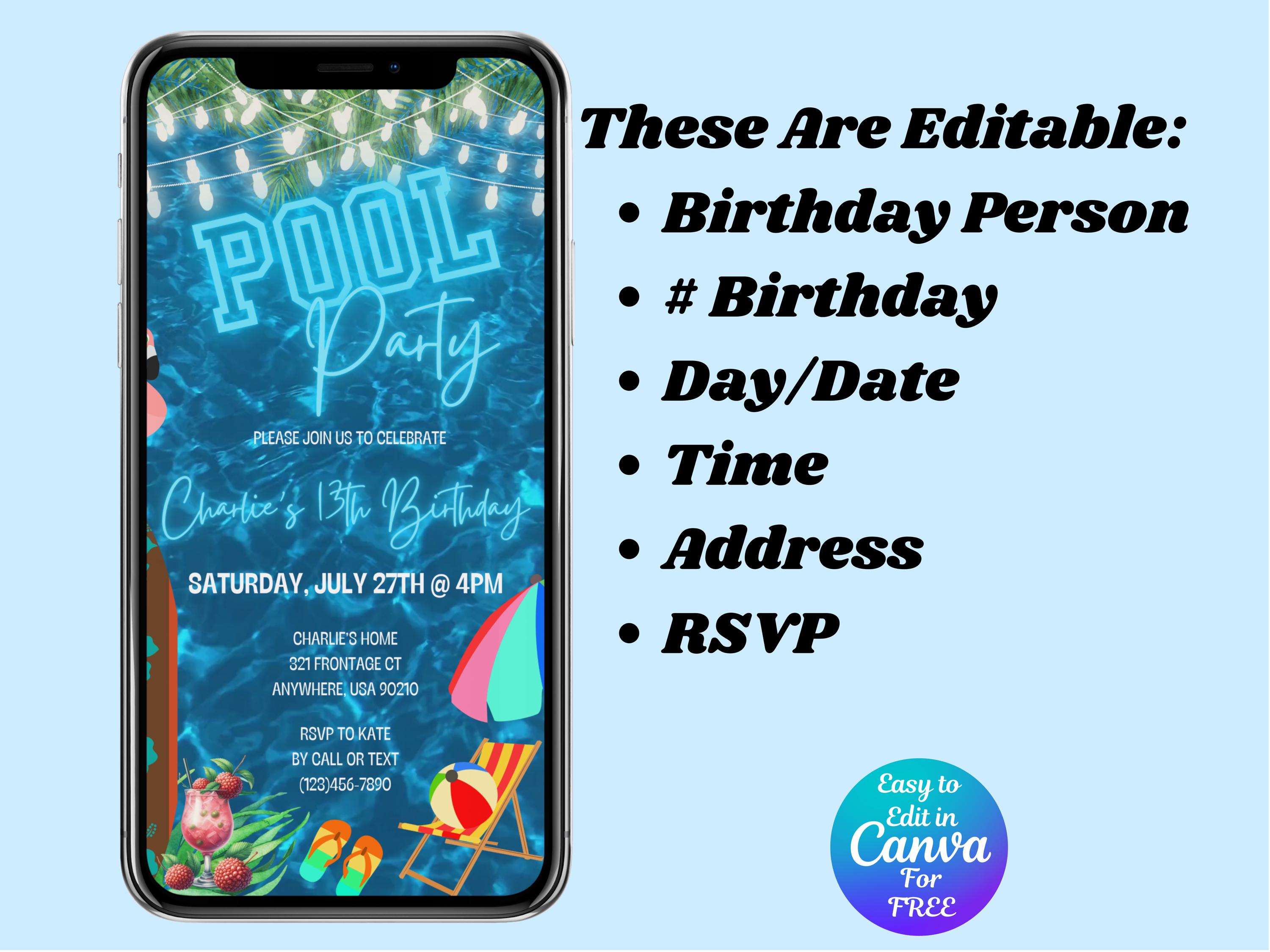 Digital Birthday Pool Invitation Animated Pool Party Birthday Invite ...