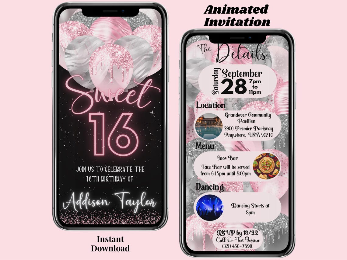 Digital Sweet 16 Invitation Pink Sweet 16 Invites Template Animated ...