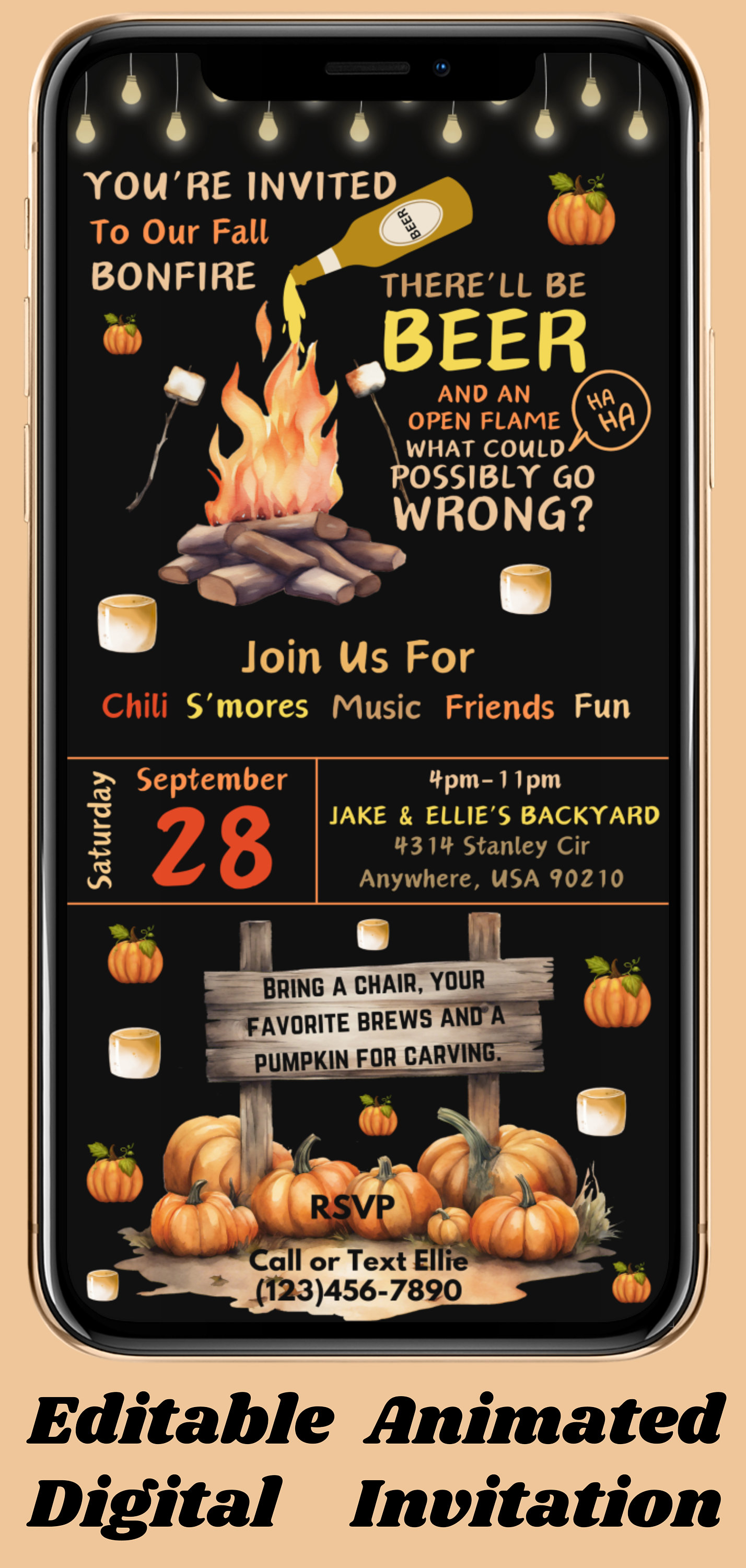 Animated Bonfire Invitation Fall Backyard Bonfire Party Invite Editable ...