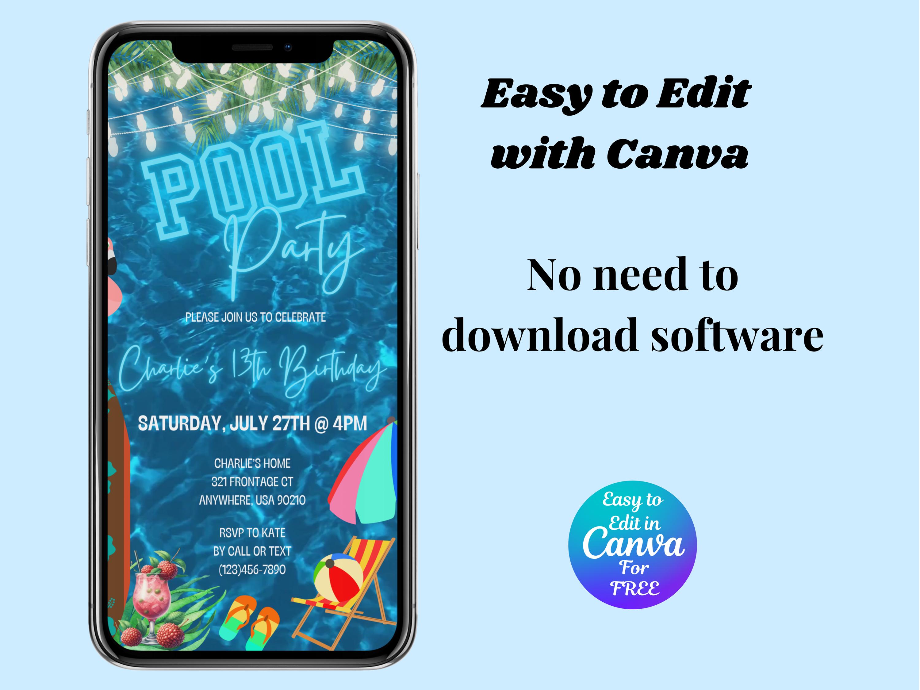 Digital Birthday Pool Invitation Animated Pool Party Birthday Invite ...