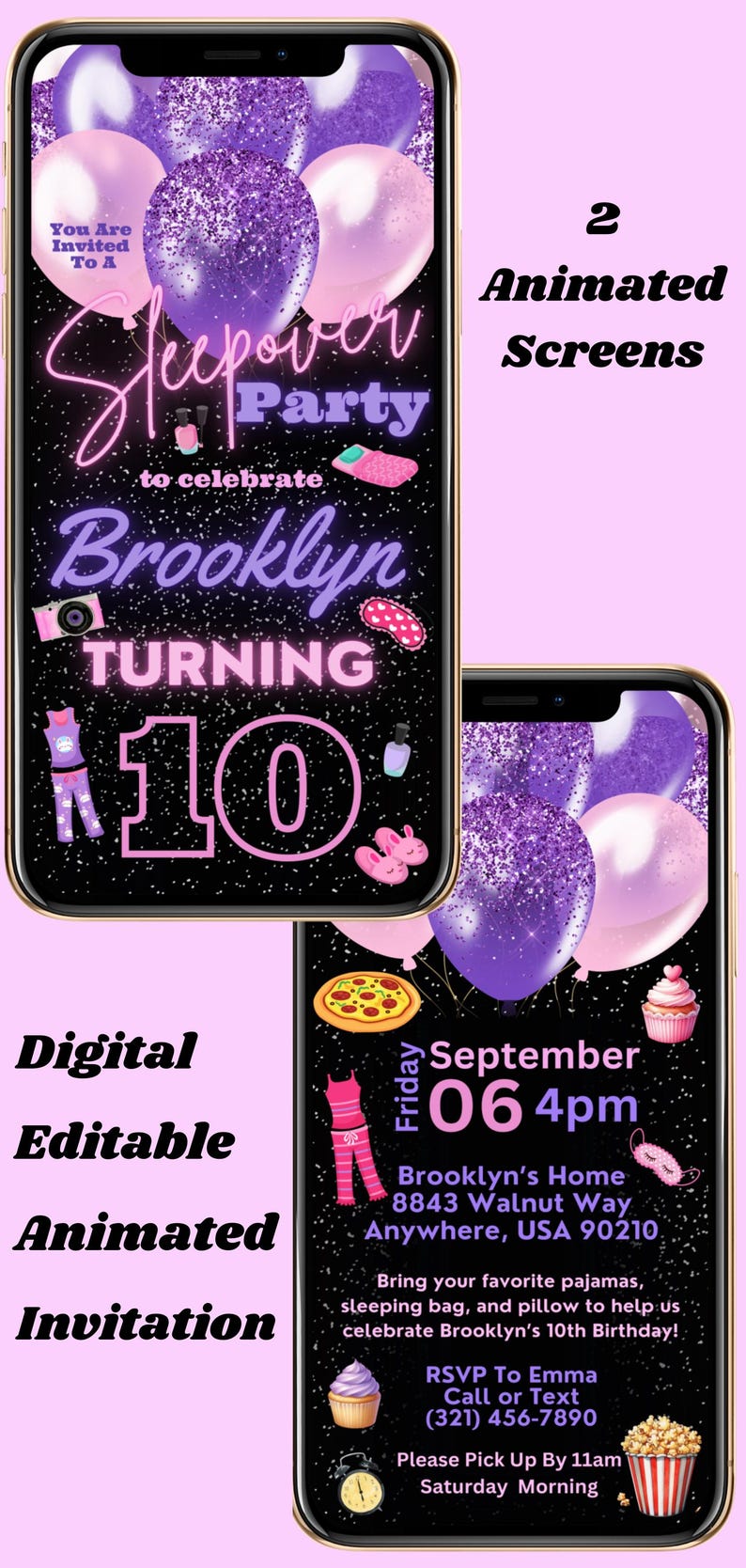 Digital Sleepover Invitation Animated Pajama Party Invite Editable ...