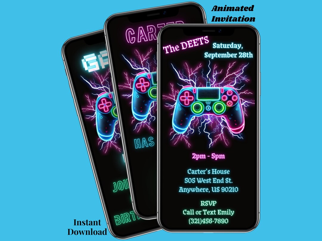 Gaming Birthday Invite Mobile Video Gaming Invitation Editable Neon ...