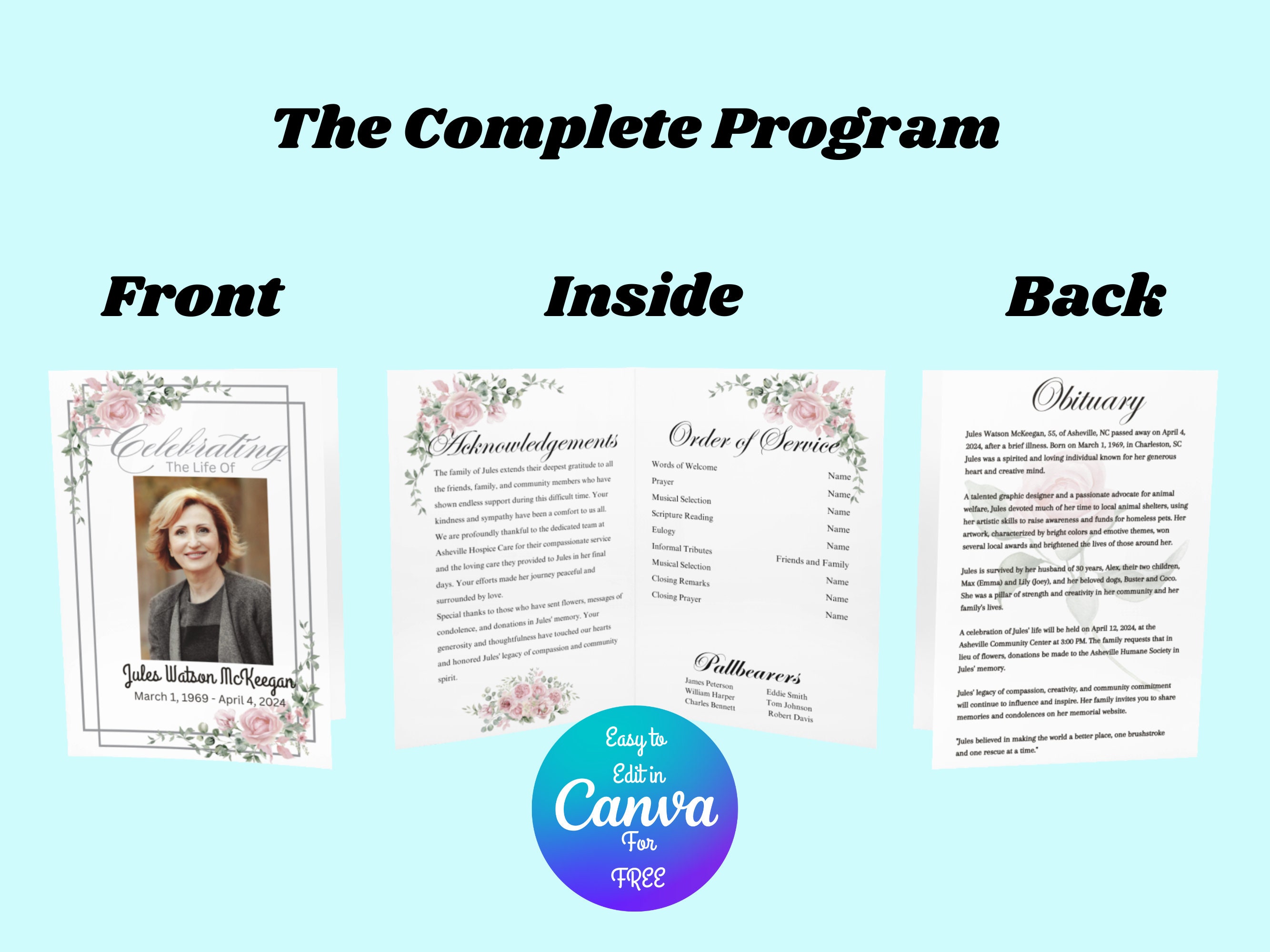 Celebration of Life Program Template Funeral Program Template Canva ...