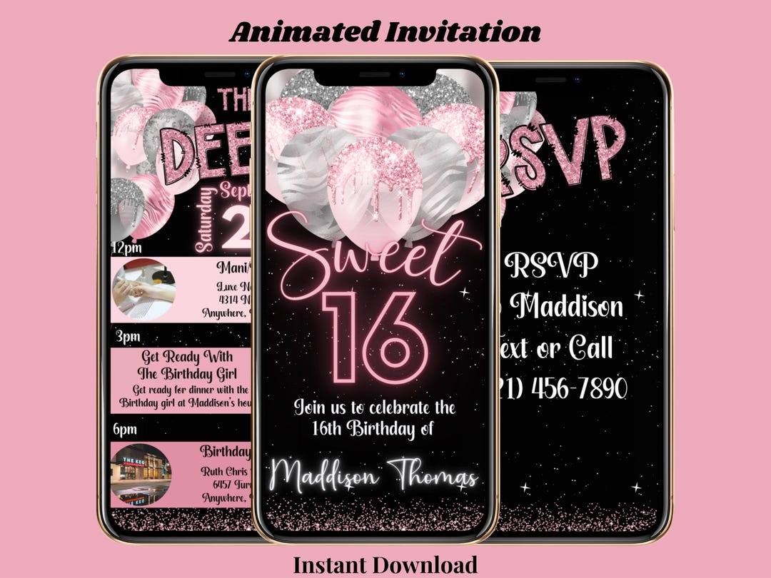 Digital Sweet 16 Invite Animated Girl Birthday Invitation Editable ...