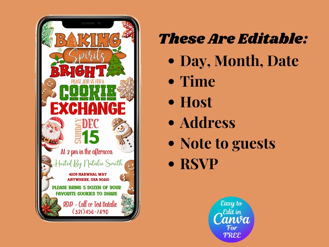 Editable Cookie Exchange Invite Digital Baking Spirits Bright Christmas ...