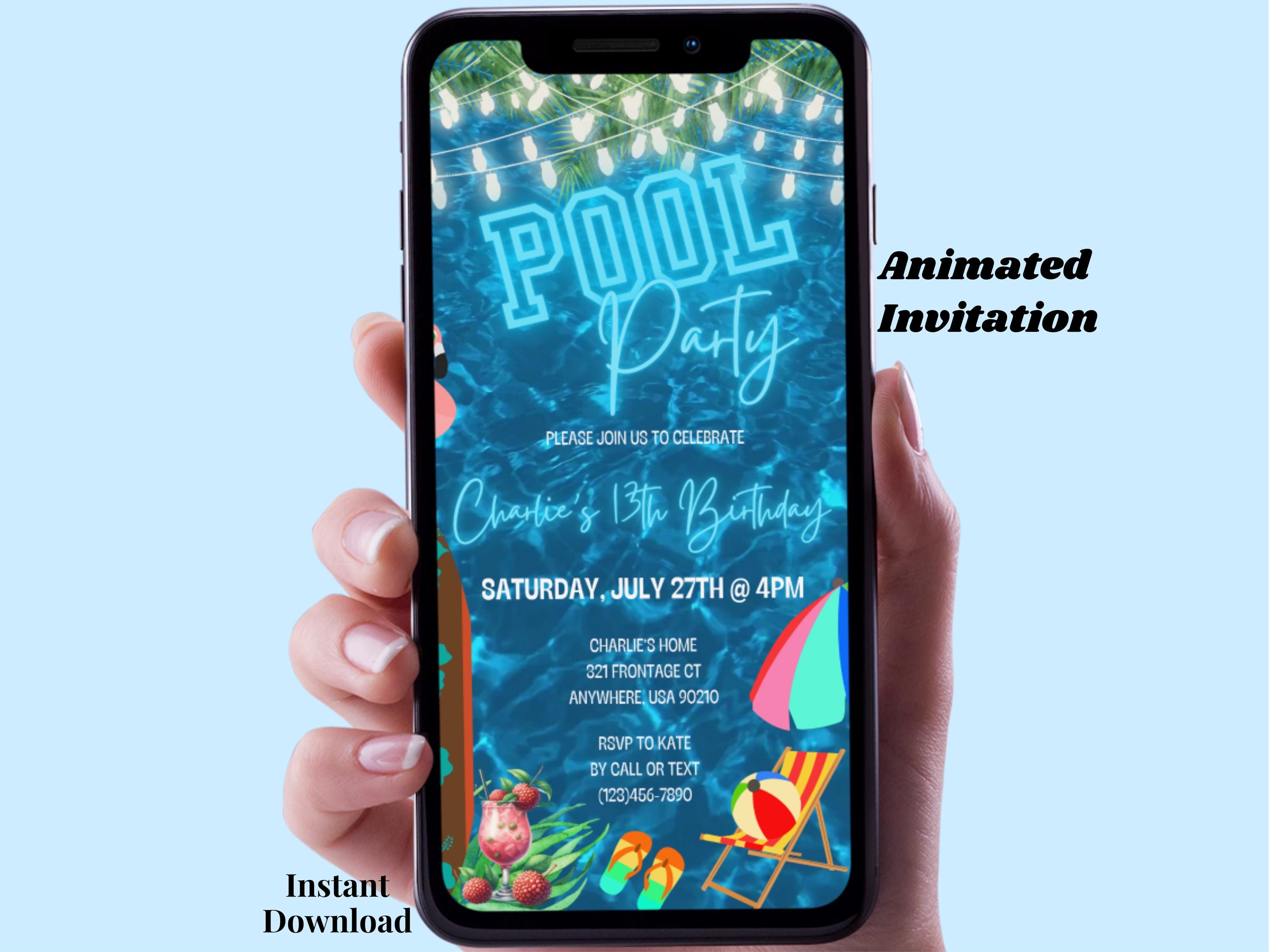 Digital Birthday Pool Invitation Animated Pool Party Birthday Invite ...