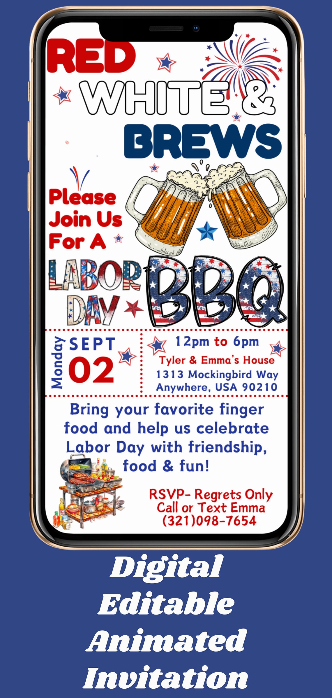 Labor Day BBQ Invitation Digital Red White and Brews Labor Day Invite ...