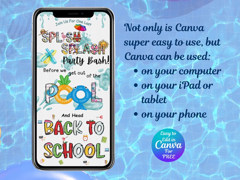 Back to School Pool Party Invitation End of Summer Pool Party Invitation Splish Splash Party ...