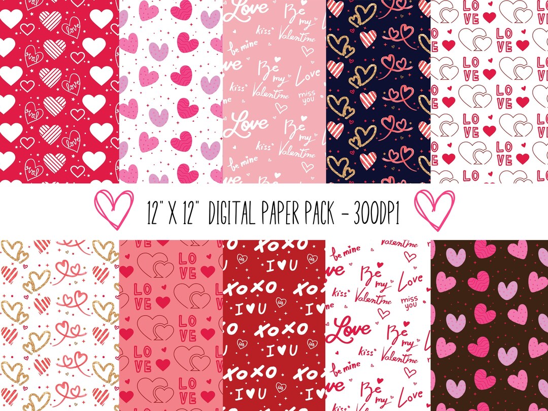 Valentine's Day Hearts Digital Paper: Love Scrapbook Pattern (JPEG, PNG ...