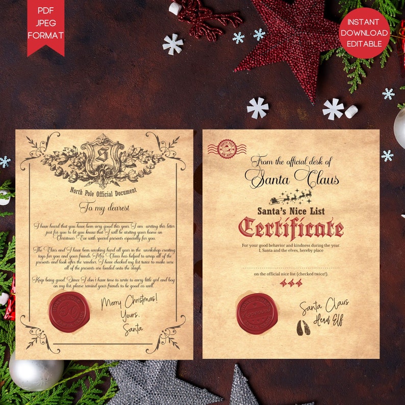 Instant Download Editable Santa Letter and Nice List Certificate ...