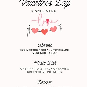 Valentines Day Menu Editable Template for Canva, Red Hearts Dinner ...