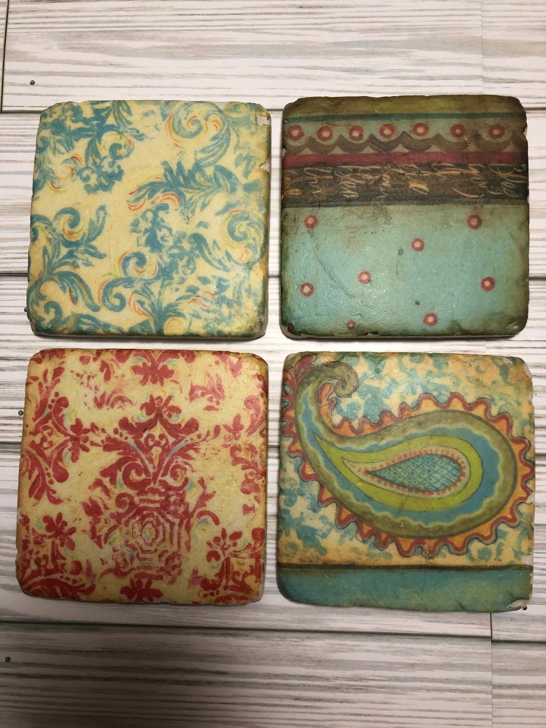 Kate Mcrostie Boho Stone Tile Coasters Set of 4 With Metal - Etsy