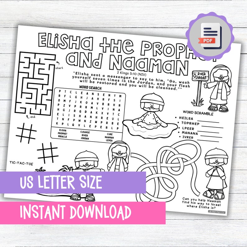 Elisha the Prophet and Naaman Activity Placemat, Bible Story Coloring ...