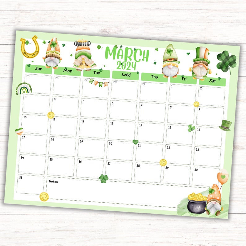 EDITABLE/FILLABLE March 2024 Gnome Calendar, St. Patrick Day Gnome ...
