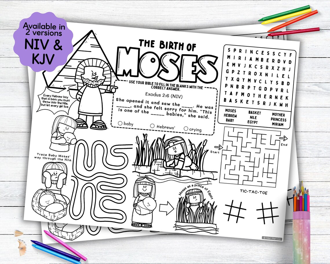 Birth of Moses Activity Placemat, Bible Story Coloring Placemat as Kids ...