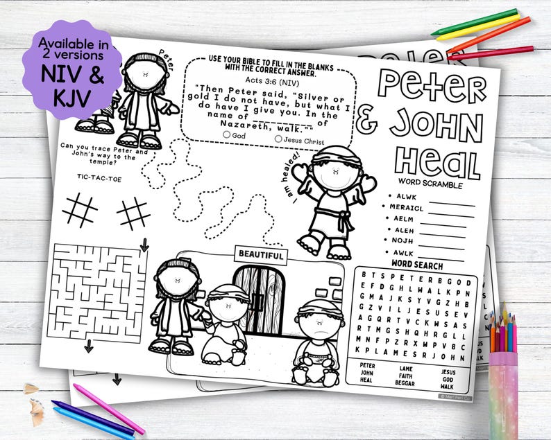 Peter and John Heal Activity Placemat, Jesus Bible Story Coloring ...