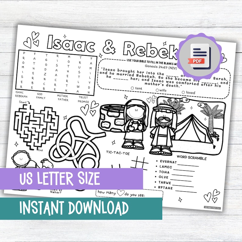 Isaac and Rebekah Activity Placemat, Old Testament Bible Story Coloring ...