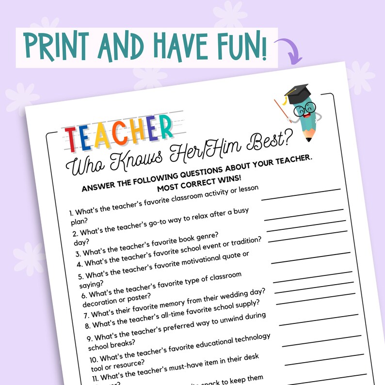 Who Knows the Teacher Best Printable Game Teacher's Day Game Teacher ...
