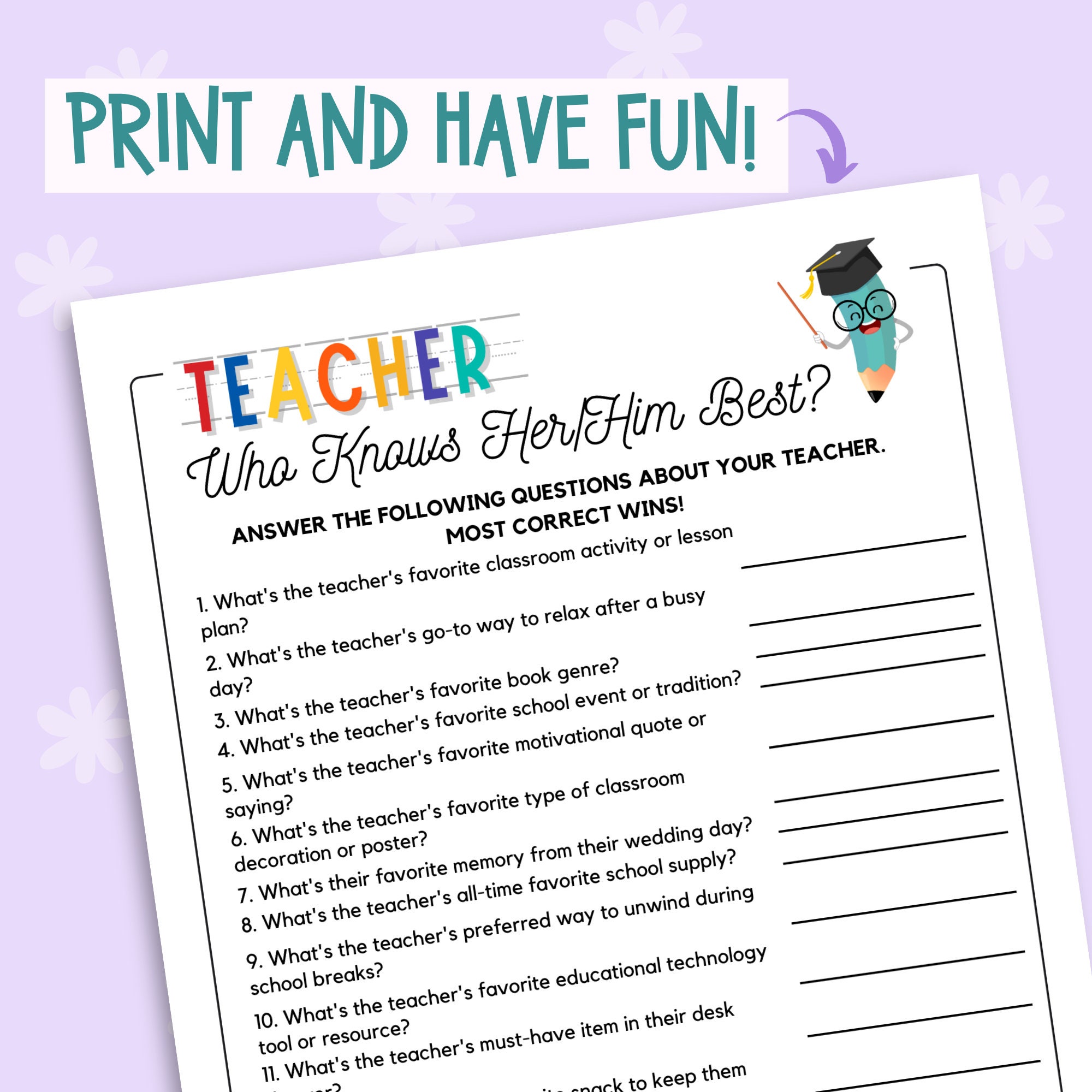 Who Knows the Teacher Best Printable Game Teacher's Day Game Teacher ...