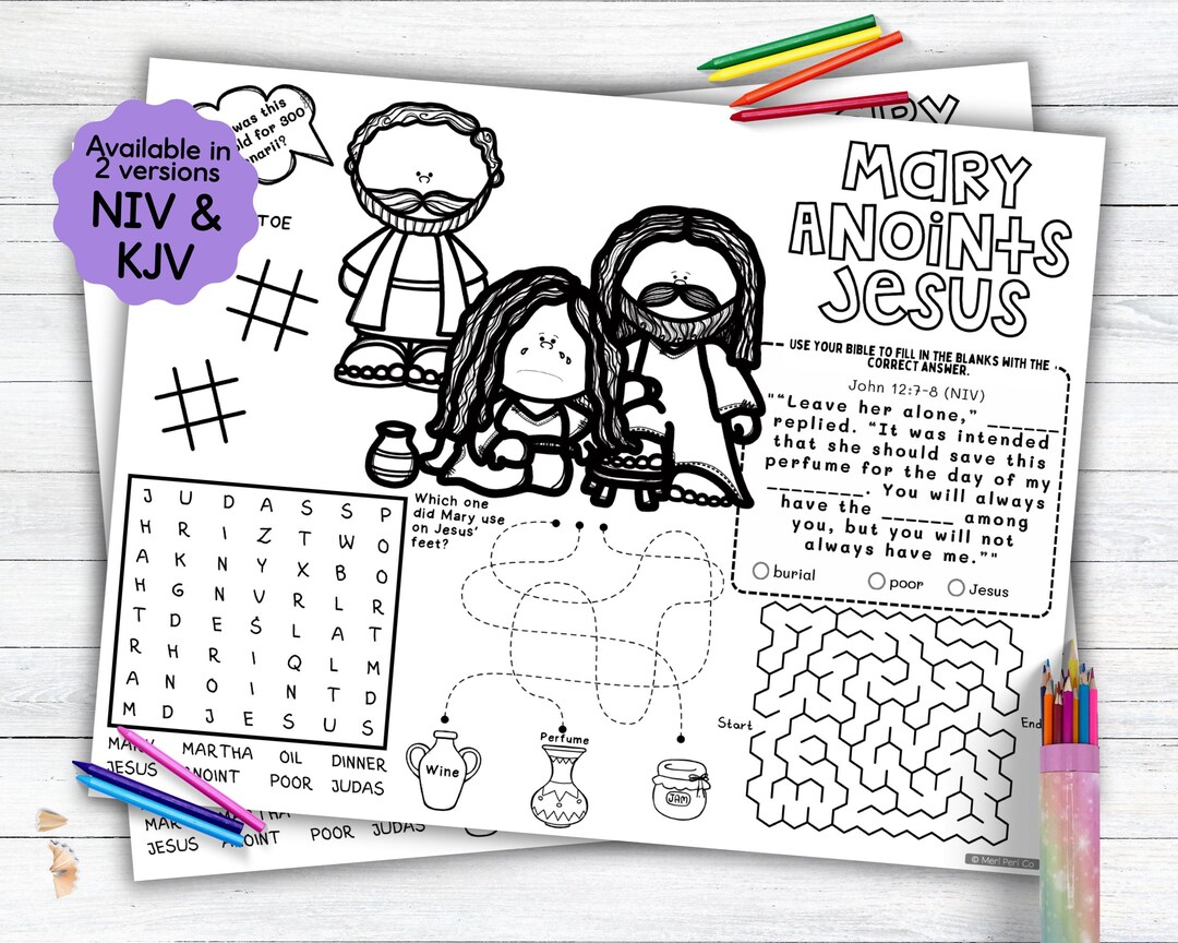 Mary Anoint Jesus Activity Placemat, Bible Story Coloring Placemat as ...
