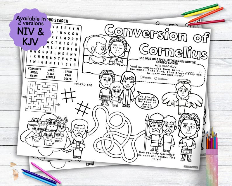 Conversion of Cornelius Activity Placemat, Jesus Bible Story Coloring ...