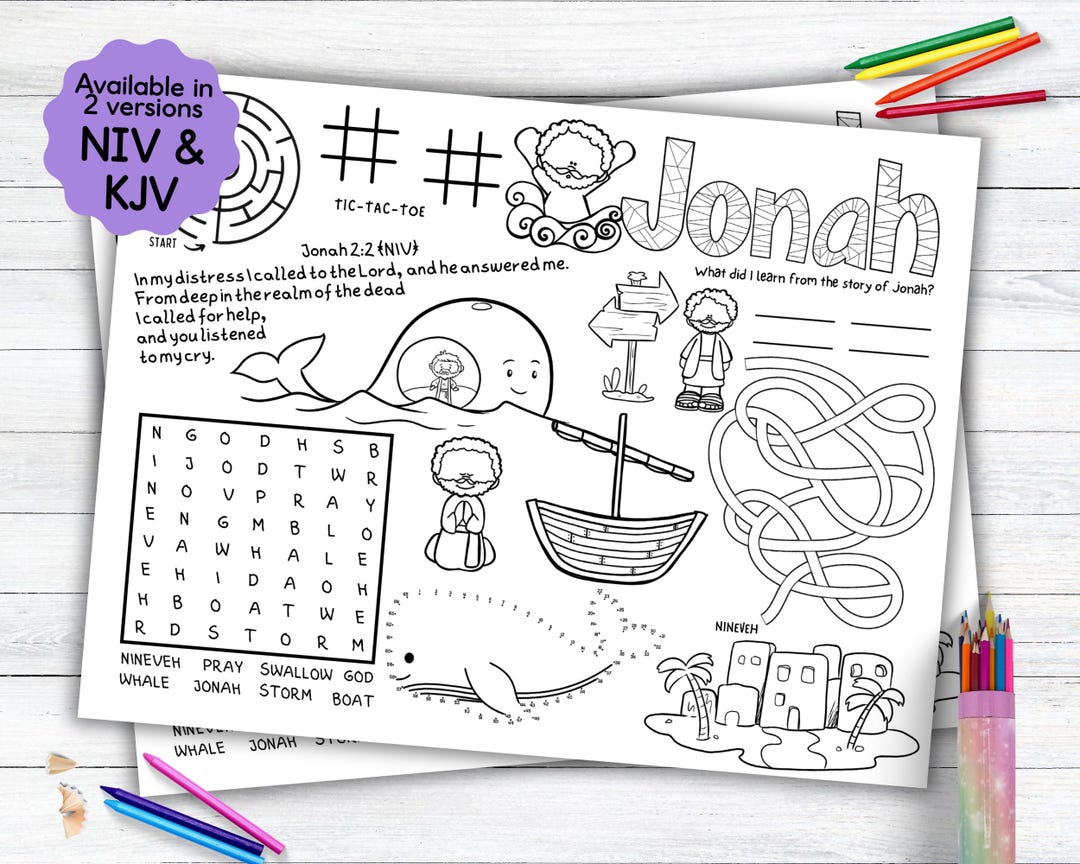Jonah and the Whale Activity Placemat, Bible Story Coloring Placemat as ...