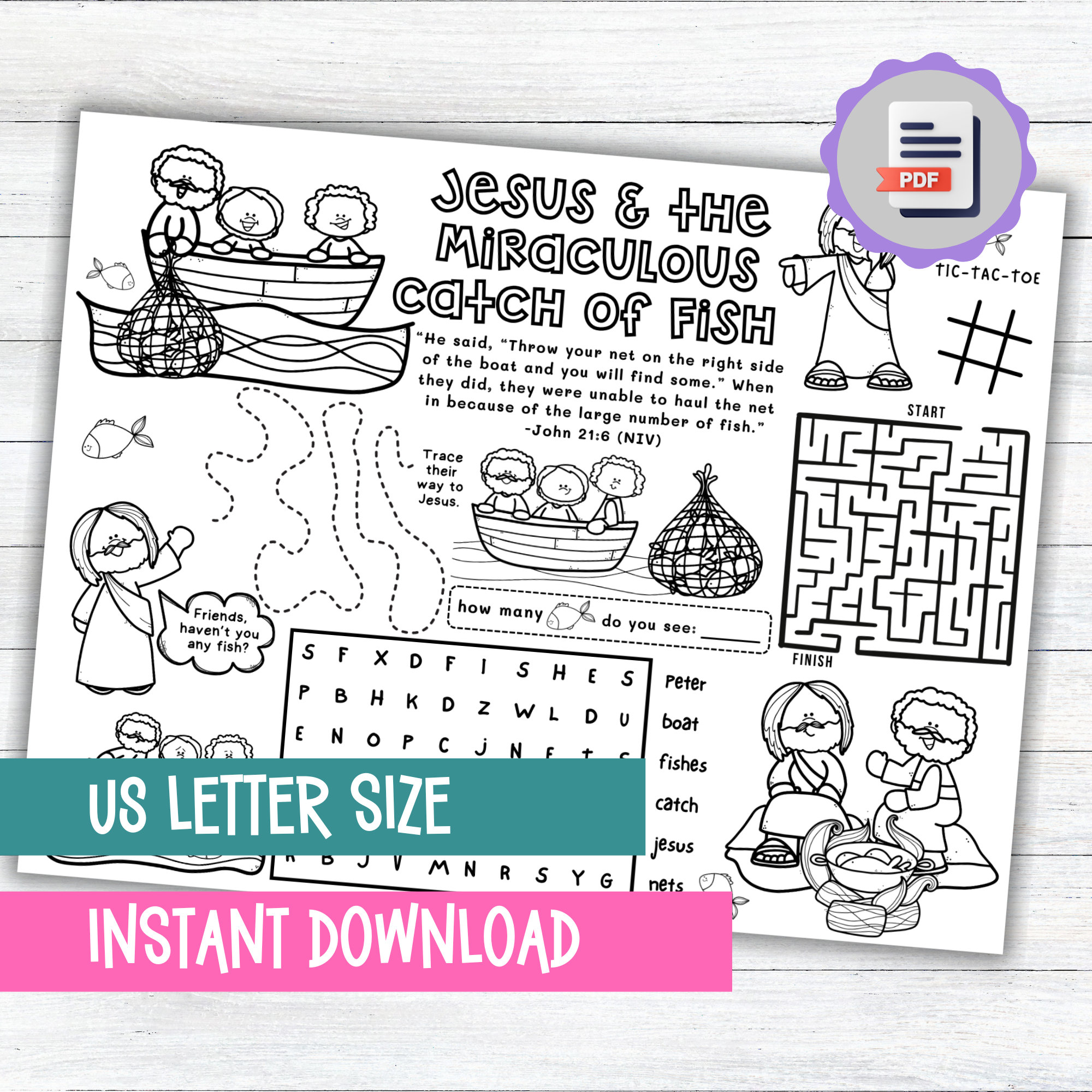 Jesus & Miraculous Catch of Fish Activity Placemat, Jesus Bible Story ...