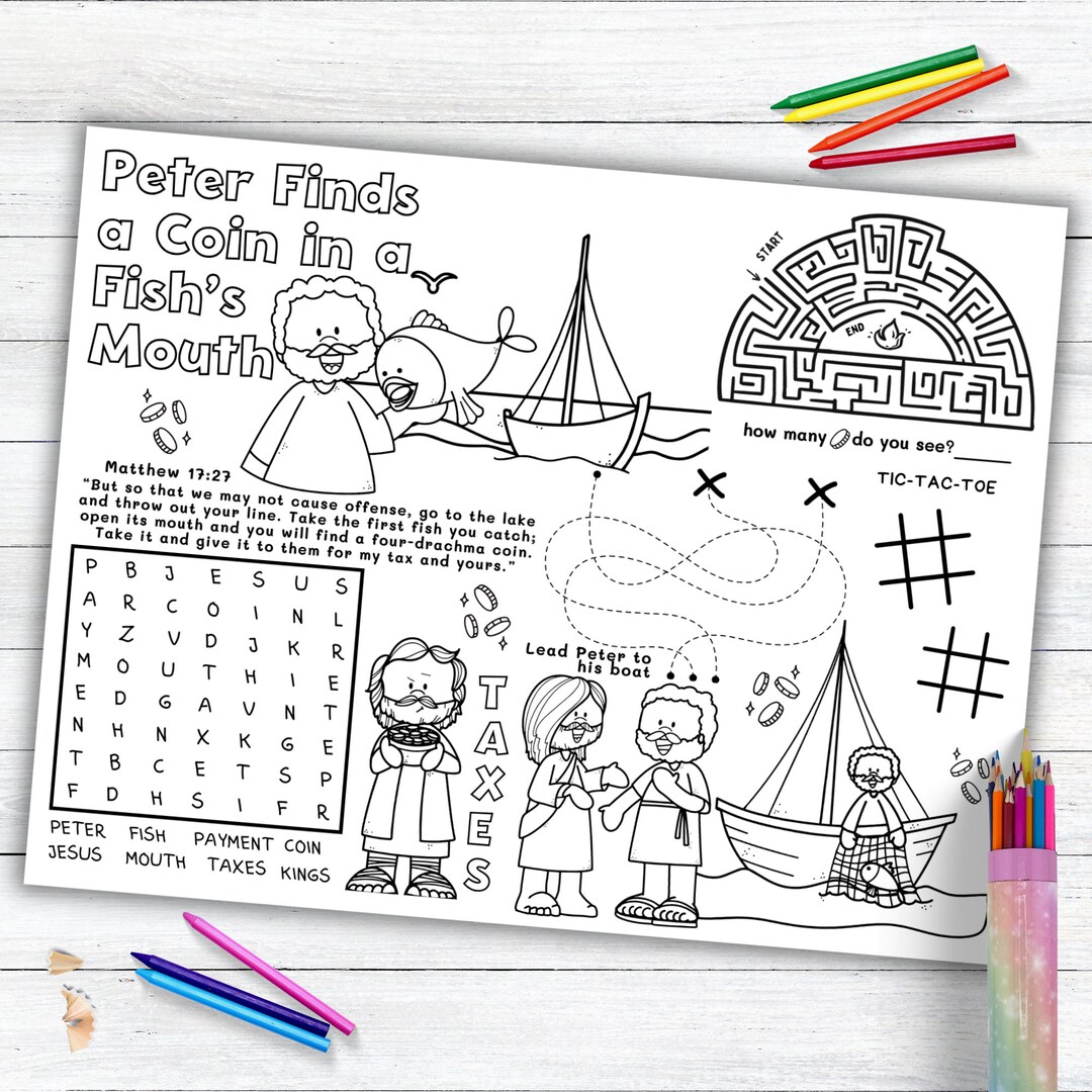 Peter Finds a Coin in a Fish's Mouth Activity Placemat, Bible Story ...